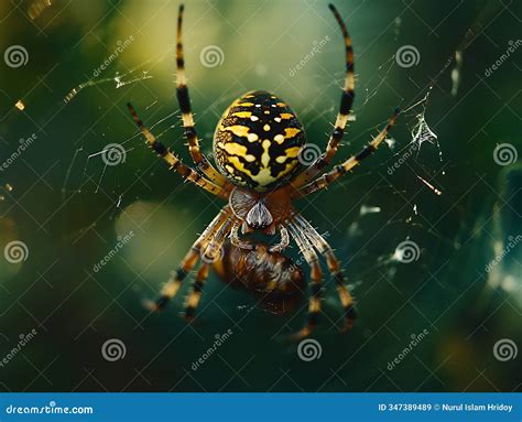 Orb Weaver Spider With Detailed Web Structure And Vivid Body Patterns Stock Illustration