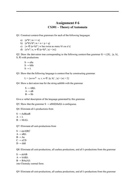 Theory Of Automata Assignment 06 Context Free Grammar Assignment