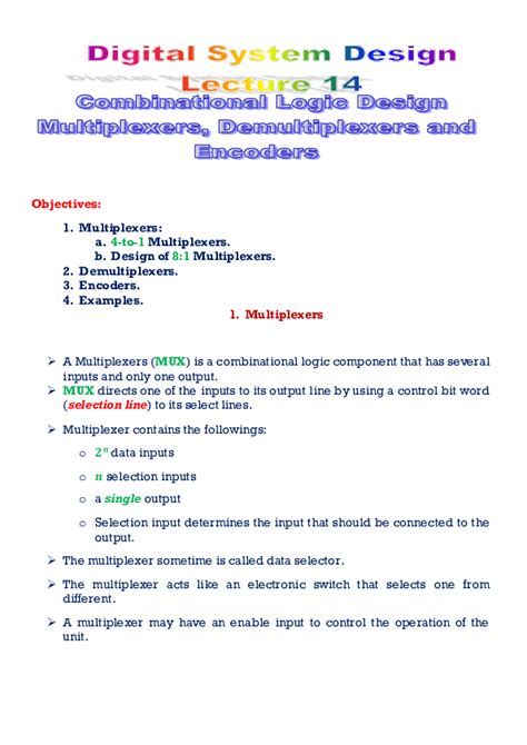 Pdf Lecture 14 Multiplexers Demultiplexers And Encoders