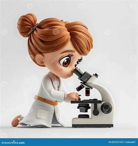 Microbiologist Scientist Girl In White Coat Looking Into Microscope Funny Cute 3d