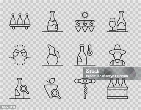 세트 라인 와인 병 상자 포도 건조 포도 디켄터용 와인 코르크 스크류와 농부 모자 아이콘 벡터 0명에 대한 스톡 벡터 아트 및 기타 이미지 Istock