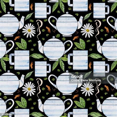 손으로 그린 수채화 찻잔 차 레몬 접시 그릇 도자기 뜨거운 음료 흰색 배경에 분리된 매끄러운 패턴 초대장 카페 레스토랑 음식 메뉴 인쇄 웹 사이트 카드 0명에 대한 스톡