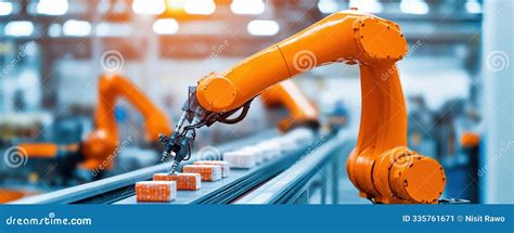 Factory Robot Performing Automated Visual Inspection Of Products On The
