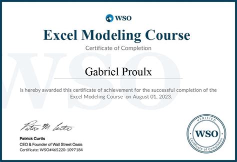 Certificate Of Completion Excel Modeling Course Gabriel Proulx