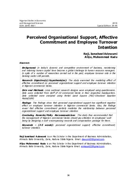 Pdf Perceived Organisational Support Affective Commitment And Employee Turnover Intention