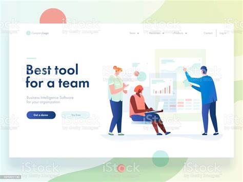 사람들 팀에서 작업 하 고 그래프와 상호 작용 비즈니스 워크플로 관리 및 사무실 상황입니다 방문 페이지 템플릿입니다 평면 벡터 일러스트입니다 3차원 형태에 대한 스톡 벡터