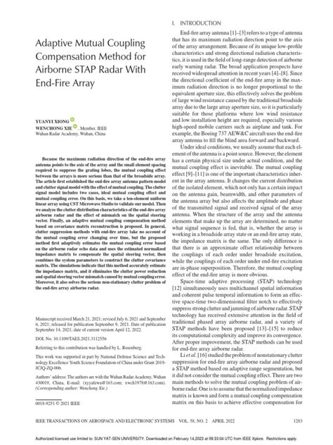 Adaptive Mutual Coupling Compensation Method For Airborne Stap Radar With End Fire Array Pdf