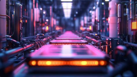 Ev Battery Pack Assembly Line Under Neon Factory Lights Showcasing Hyper Detailed Components And