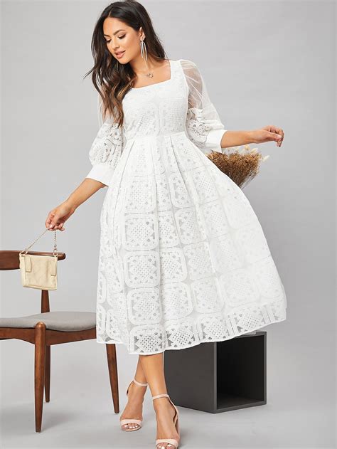 Puff Sleeve Guipure Lace A Line Dress Elegant White Puff Sleeve Dress