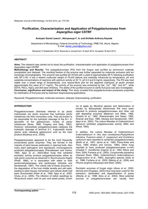 Pdf Purification Characterization And Application Of Polygalacturonase From Aspergillus Niger