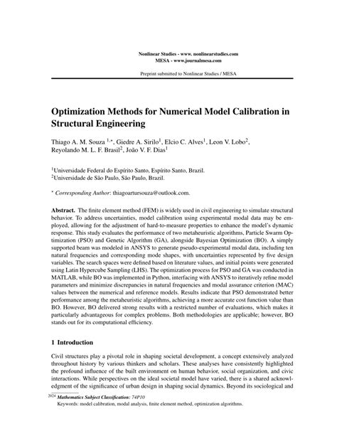 Pdf Optimization Methods For Numerical Model Calibration In Structural Engineering