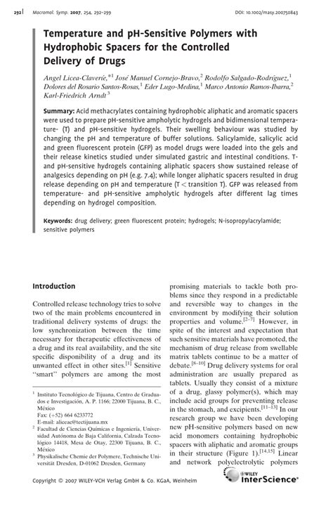 Pdf Temperature And Ph‐sensitive Polymers With Hydrophobic Spacers