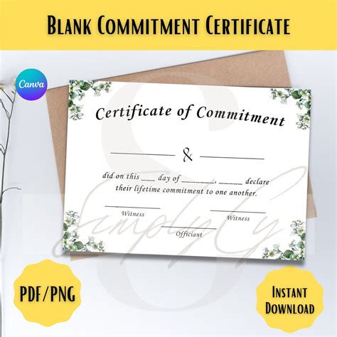 Commitment Ceremony Certificate Template Digital Download Blank Commitment Certificate