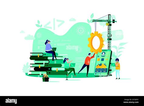 App Development Concept In Flat Style Developers Team Creating Mobile