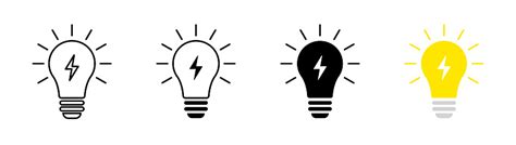 전구 벡터 아이콘 집합입니다 전기 Lamp 충전 기호 전기 에너지 전력 간단한 그림입니다 밝은 노란색 지퍼 조명 표시 선 실선 및 채워진 윤곽선 다채로운 버전 가득 찬에