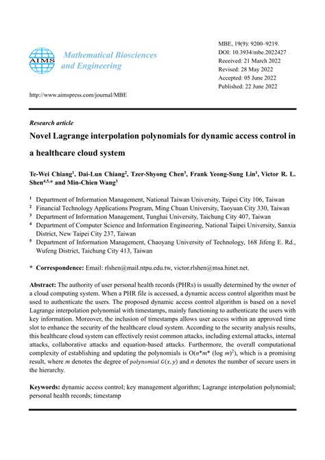 Pdf Novel Lagrange Interpolation Polynomials For Dynamic Access Control In A Healthcare Cloud