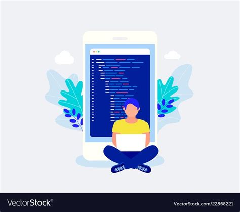 Mobile App Development Concepts Man Sitting Near Big Smartphone And Coding Mobile App Trendy
