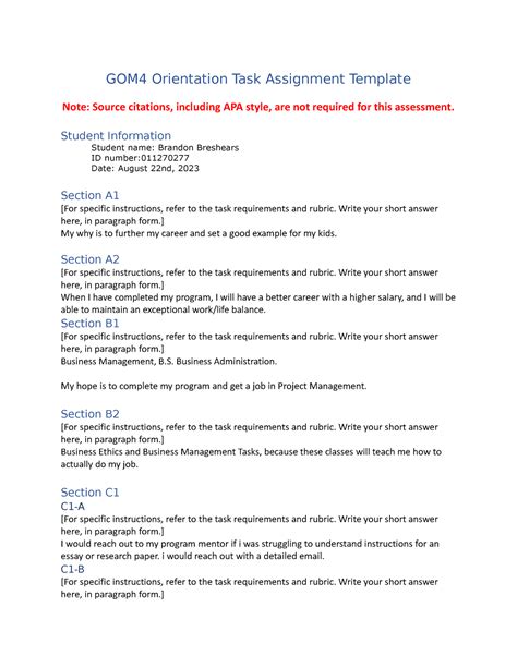 WGU Orientation TASK GOM Orientation Task Assignment Template Note Source Citations