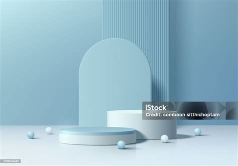 블루 화이트 3d 원통형 연단 배경 공 아치 배경 벽 장면 미니멀리스트 3d 모형 받침대 추상 스탠드 제품 디스플레이 프리젠