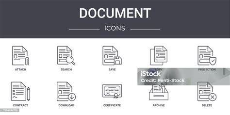 문서 개념 선 아이콘 세트입니다 웹 로고 검색 사본 계약 인증서 아카이브 삭제 보호 저장과 같은 Ui Ux에 사용할 수 있는 아이콘이 포함되어 있습니다 0명에 대한 스톡