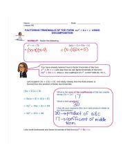 Study Guide On Factoring Complex Trinomials Course Hero