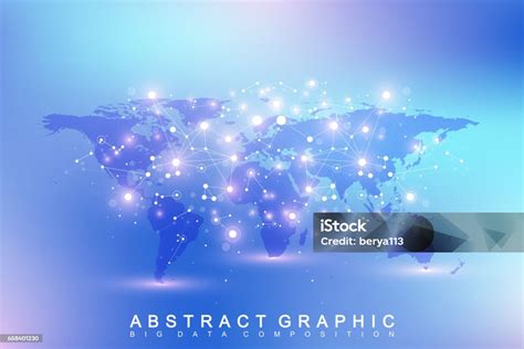 글로벌 기술 네트워킹 개념 정치 세계 지도입니다 디지털 데이터 시각화입니다 라인 총입니다 큰 데이터 배경 통신 합니다 과학적인 벡터 일러스트 레이 션 0명에 대한 스톡 벡터