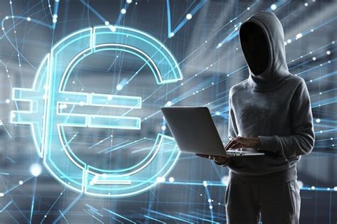 Premium Photo Hacker In Hoodie Using Laptop With Abstract Glowing Holographic Euro Sign Icon
