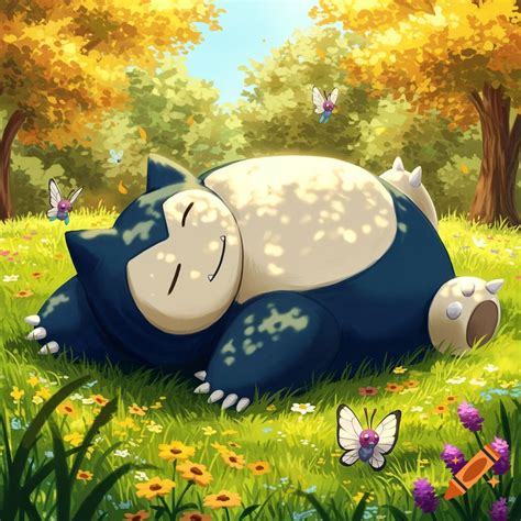 A Sleeping Snorlax In A Sunny Flower Filled Meadow With Butterflies