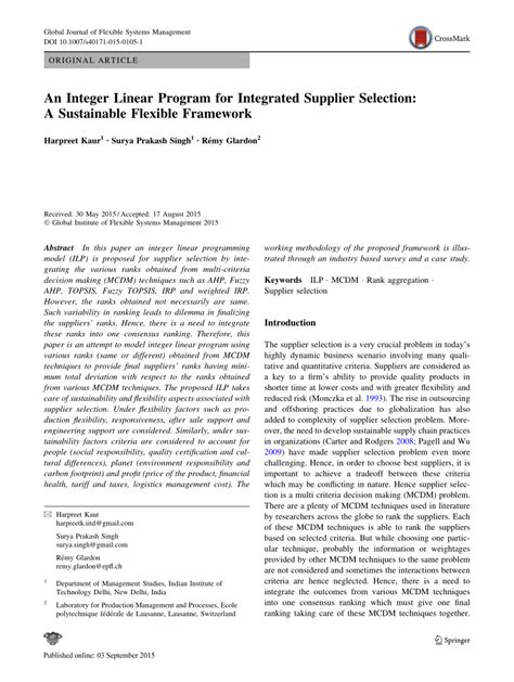 Pdf An Integer Linear Program For Integrated Supplier Selection A