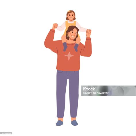 엄마는 딸을 목에 안고 있고 여자와 고립된 여성 인물 가족과 놀고 시간을 보냅니다 평면 만화 캐릭터 벡터 일러스트 레이 션 딸에 대한 스톡 벡터 아트 및 기타 이미지