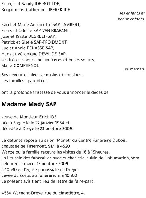 Avis De Décès De Mady Sap Décédé Le 23102009 à Warnant Dreye