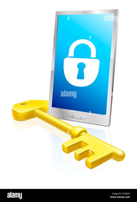 Illustration Of A Mobile Phone With Lock Symbol On The Screen And Large Golden Key A Security