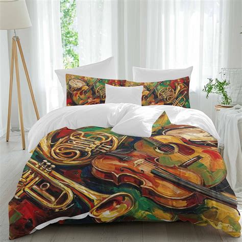 Classical Musical Instruments Comforter Set Twin Size Guitar Red Green