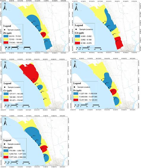 Spatial Distribution Maps Of Pb Cd Cr Fe And Mn In Seawater Of