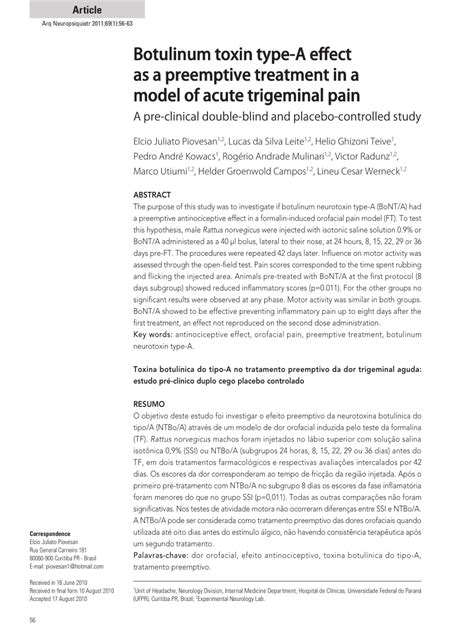 Pdf Botulinum Toxin Type A Effect As A Preemptive Treatment In A Model Of Acute Trigeminal