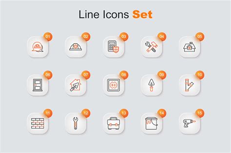 세트 라인 전기 드릴 머신 페인트 통 도구 상자 렌치 스패너 벽돌 산업 금속 파이프 흙손 및 전기 콘센트 아이콘 벡터 건설 산업에 대한 스톡 벡터 아트 및 기타 이미지