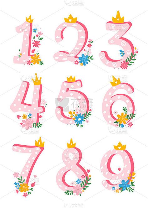 一套可爱，卡通，女孩数字从1到10与鲜花邀请，卡片模板。矢量平面插图。