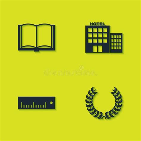 Set Open Book Laurel Wreath Ruler And Hotel Building Icon Vector Stock Vector Illustration