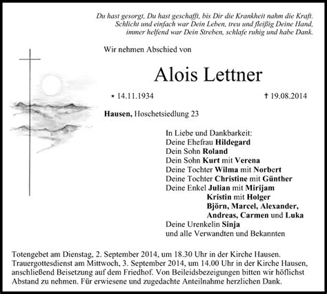 Traueranzeigen Von Alois Lettner Trauer Nn De