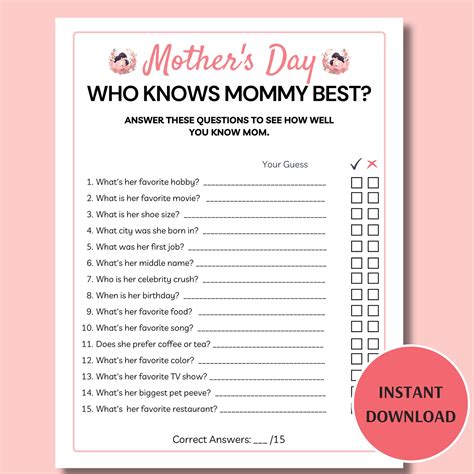 Mothers Day Who Knows Mommy Best Printable Mothers Day Game Who
