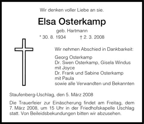 Traueranzeigen Von Elsa Osterkamp Trauerhnade