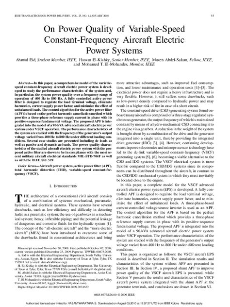 Pdf On Power Quality Of Variable Speed Constant Frequency Aircraft Electric Power Systems