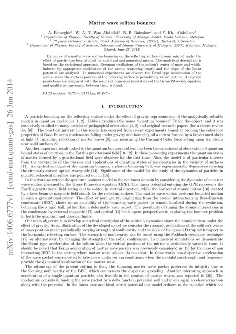 [pdf] Matter Wave Soliton Bouncing On A Reflecting Surface Under The Effect Of Gravity