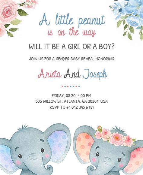 Floral Elephant Theme Gender Reveal Flyer Template