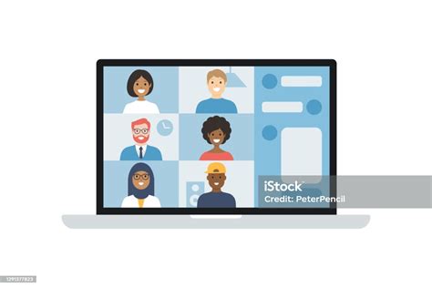 화상 회의 컴퓨터 노트북 노트북 태블릿 화면에 사람들의 그룹 사용자 인터페이스 다문화 친구와 동료 집에서 일합니다 벡터 스톡 일러스트레이션 남자에 대한 스톡 벡터 아트 및