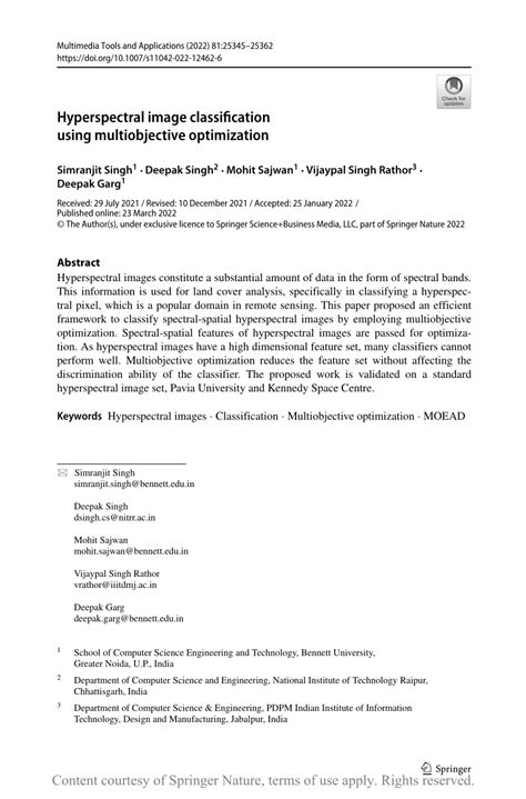 Hyperspectral Image Classification Using Multiobjective Optimization