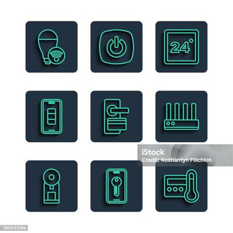 세트 라인 스마트 커피 머신 키 온도 조절기 디지털 도어 잠금 장치 스마트 폰 배터리 충전 전구 및 라우터 및 Wifi 신호 아이콘 벡터 Brand Name Smart