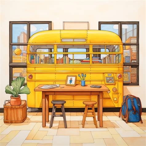 There Is A Yellow School Bus Parked In A Room With A Table And Chairs