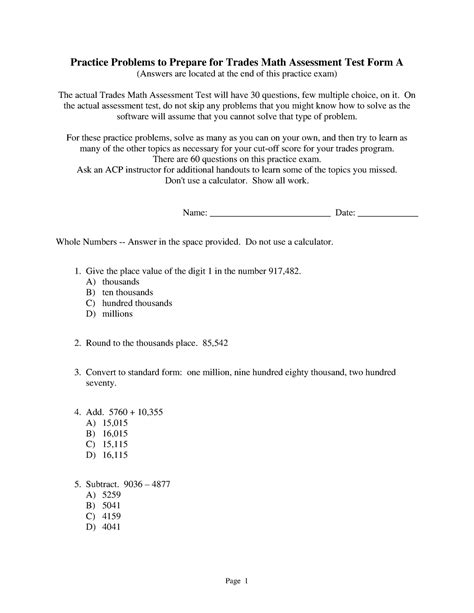 Practice Problems To Prepare For Trades Math Assessment Test On The