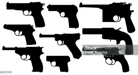 빈티지 권총입니다 총의 컬렉션입니다 제 2 차 세계 대전의 무기입니다 실루엣 벡터의 집합 개체 그룹에 대한 스톡 벡터 아트 및 기타 이미지 Istock
